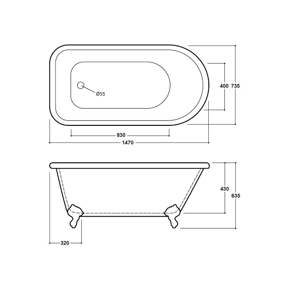 Traditional Cambridge 1470mm Freestanding Bath 1470 x 735mm White